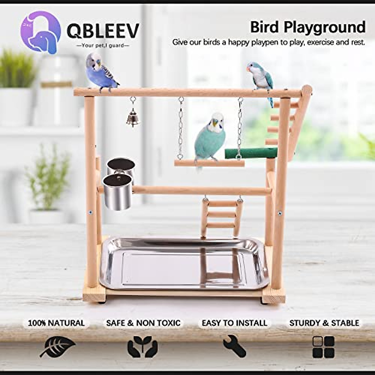 Bird Play Stand Parrots Playground Wooden Stick Perch，Bird Playpen Exercise Gym with Ladder Feeder Cup Bell Swing，Parrot Play Climb Gym for Parakeet Cockatiel Conure(Include a Tray)