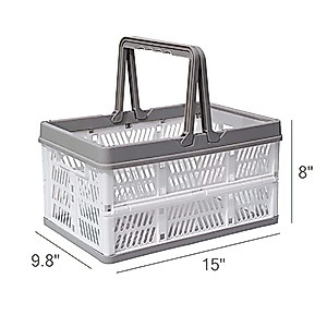 Kingrol 2 Pack Collapsible Crates for Storage, Plastic Baskets with Handles for Home Office Laundry Room Shelves Organizer, Portable Shower Caddy, 15 x 9.8 x 8 Inch, White/Gray