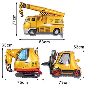 Giant Construction Balloons, 3pcs 30 Inch Excavator Dump Truck Crane Foil Balloon, Construction Themed Birthday Party Supplies, Car Vehicles Balloon for Boys Girls (Balloon No Driver Printing)