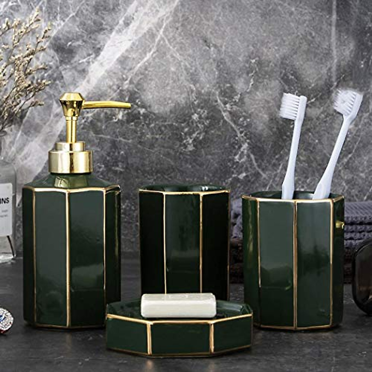 4 Pieces Bathroom Accessories Set Ceramic Bathroom Ensemble Includes Lotion Dispenser Toothbrush Tumbler Soap Dish Green and Gold for Bath Decor