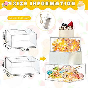 Sintuff 2 Pcs Square Acrylic Cake Stand 2 Tiers 6''/10'' Clear Fillable Cake Riser with LED String Light Cupcake Stand with Lid for Wedding Birthday Party Table Desserts