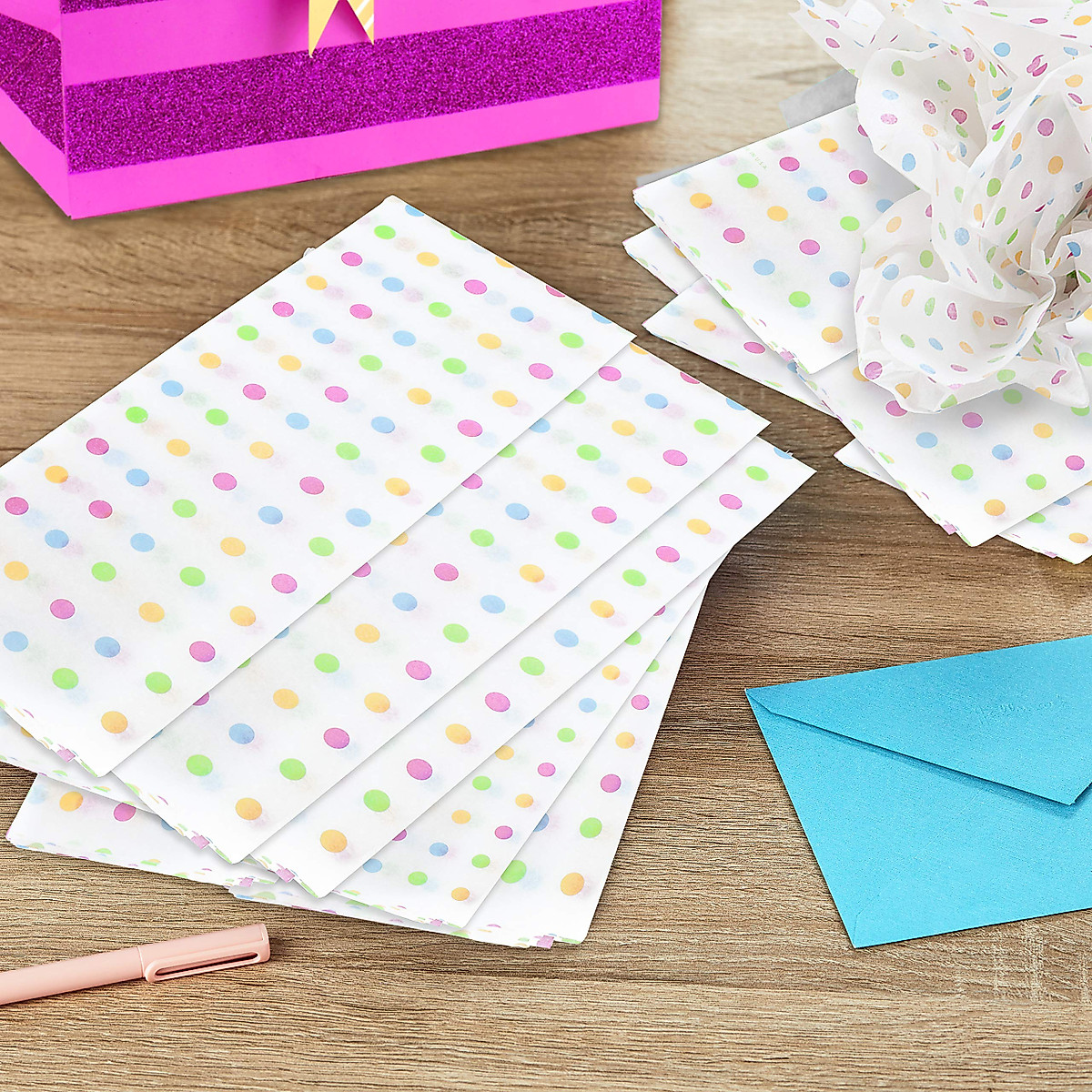 Hallmark Tissue Paper (White with Pink, Green, Yellow, Blue Polka Dot, 8 Sheets) for Easter, Mother's Day, Birthdays or Any Occasion