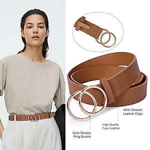 SANSTHS 2 Pack Women Leather Belts Faux Leather Jeans Belt with Double O Ring Buckle Black Brown S