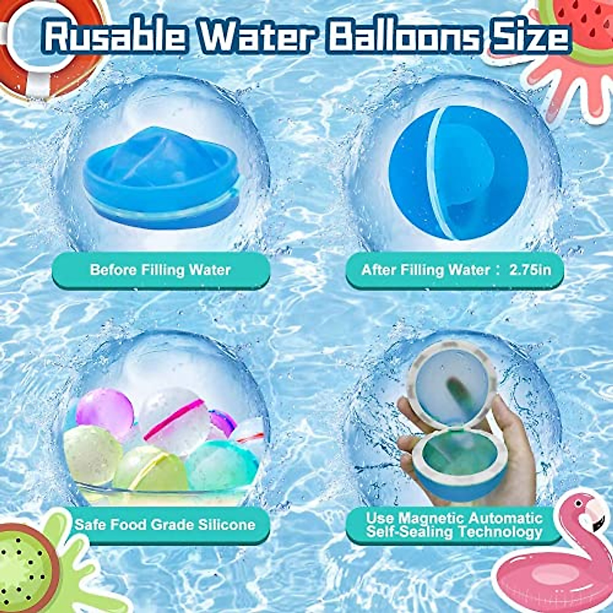 Reusable Water Balloons, Splash Water Bomb Balloons, Quick Fill Self Sealing, Magnetic Refillable Silicone Water Balloons for Kids Adults, Latex-Free Silicone Water Balloons, Pool Water Toys (6PCS)