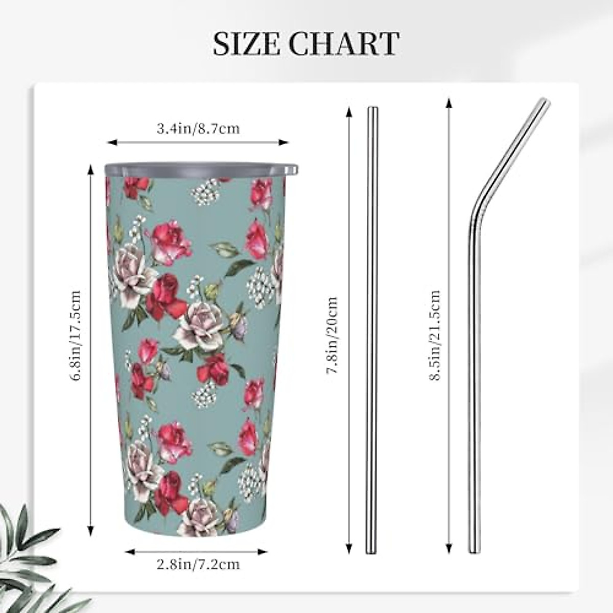 20oz Tumbler Splendid Roses Flower Double Wall Vacuum Insulated Coffee Mug with Lid and Metal Straw Brush Reusable Stainless Steel Water Bottle Travel Cup Gifts for Car Ice Drinks Hot Beverage