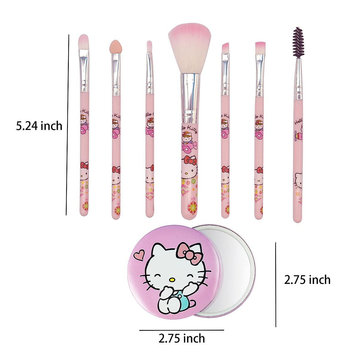 7 PCS Kitty Makeup Brush with Kitty Cat Mirror-Cosmetic Makeup Brush Set Tool Kit Set Brush Set Best Gift for Young Girl Women