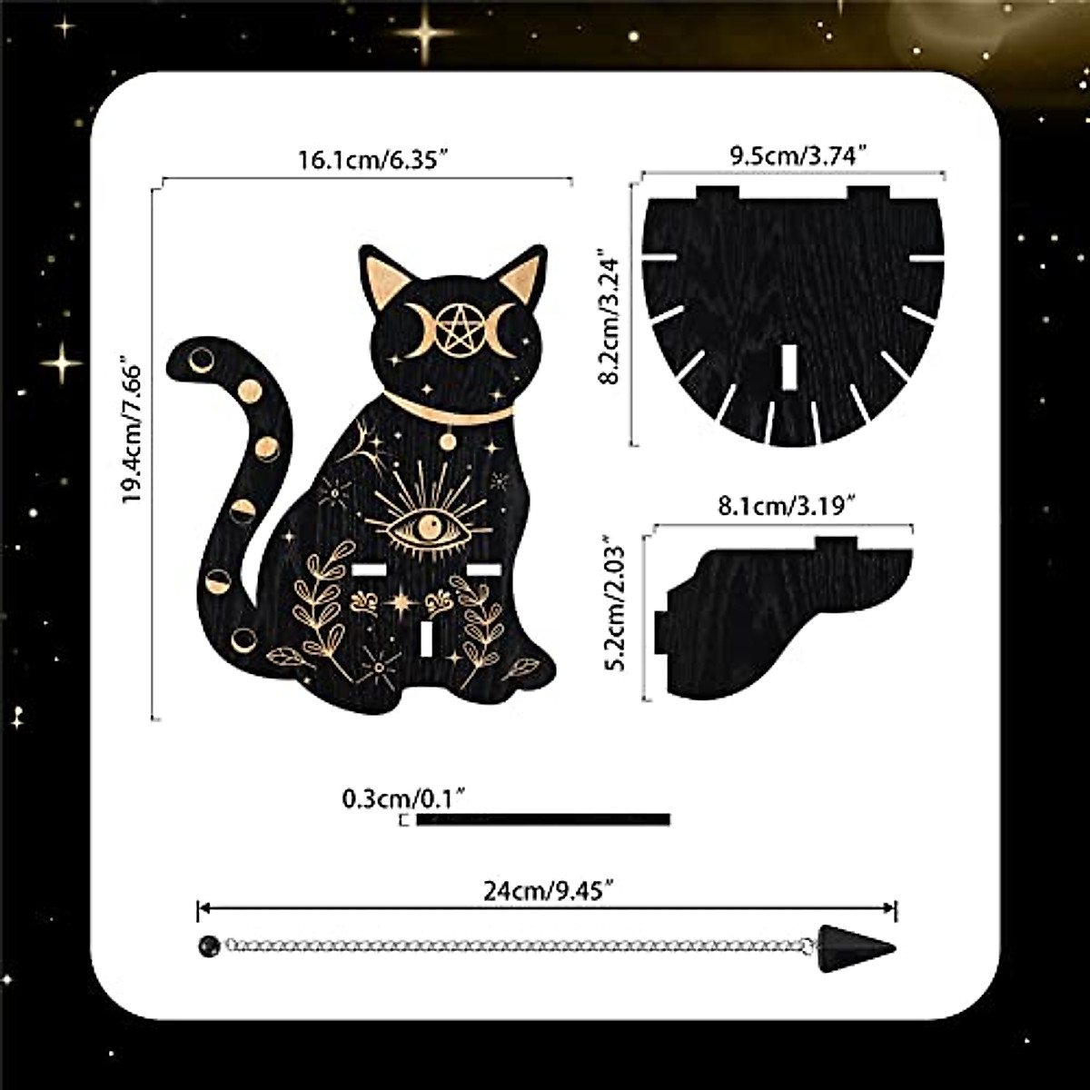 CRASPIRE Small Crystal Shelf Cat Black Crystal Display Shelf Magical Boho Wooden Witch Altar Wall Mounted Hanging Rustic Crystal Holder Stand with 3 Pieces Crystals Stones for Wall Decor