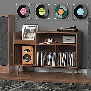 Furtivusia Mid Century Modern Record Player Stand with Power Outlet - Holds up to 350 Albums, Vinyl Record Storage Cabinet and Turntable Stand