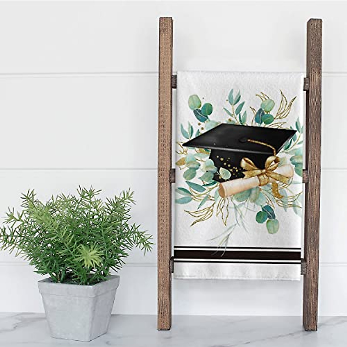 Artoid Mode Congrats Eucalyptus Leaves Diploma Cap Fingertip Towel, 18x26 Inch Soft Absorbent Graduation Party Hand Towel for Kitchen Decoration