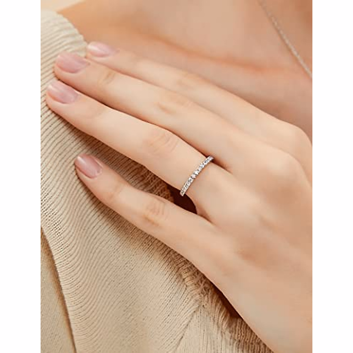 EAMTI 2mm 925 Sterling Silver Wedding Band Cubic Zirconia Half Eternity Stackable Engagement Ring Size 8