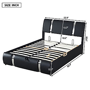 Full Size Upholstered Platform Bed, Modern Platform Bed with Faux Leather Headboard and a Hydraulic Storage System, No Box Spring Needed (Black)