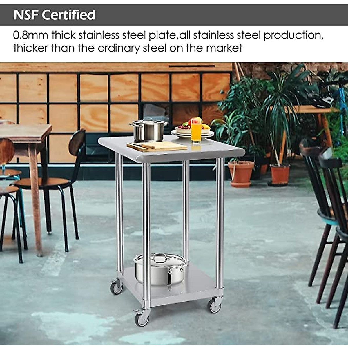 MYOYAY Commercial Stainless Steel Table with Caster Wheels 24"x24" Kitchen Worktables with Backsplashs Prep Food Workbench Under Shelf 110~220lbs Capacity for Restaurant