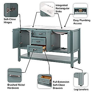 Spring Mill Cabinets Eaton Double Bathroom Vanity with 2 Cabinets, 3 Drawers, Open Shelf, Sink, 60.25" W x 18.75" D x 35.41" H, Sage/White Top