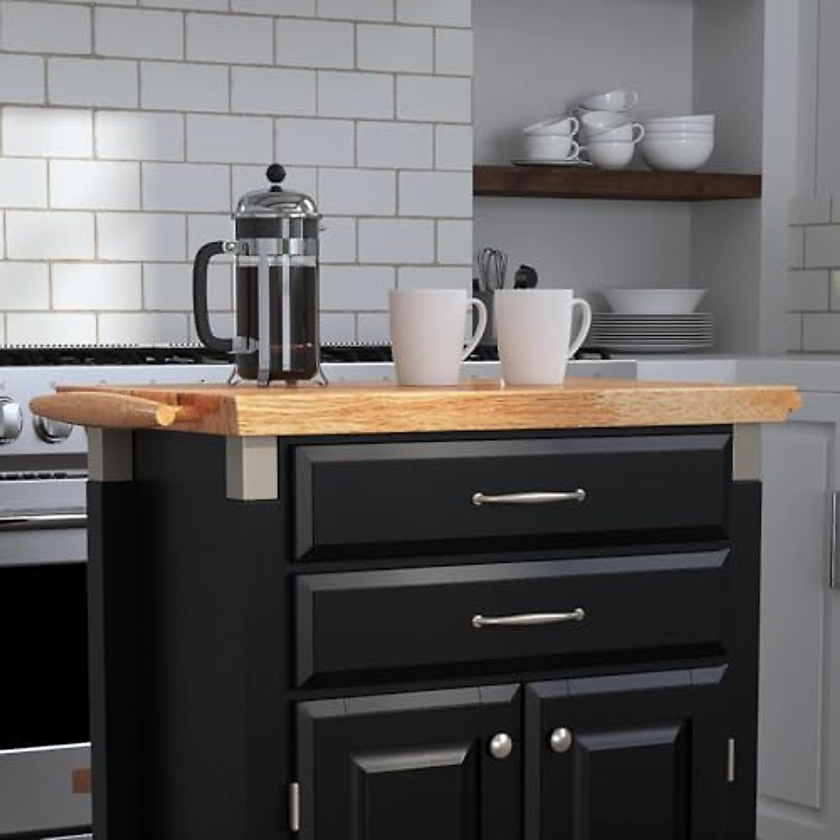 Home Styles Black Dolly Madison Prep and Serve Kitchen Cart with Natural Top, Locking Casters, Two Drawers, Two Storage Cabinets
