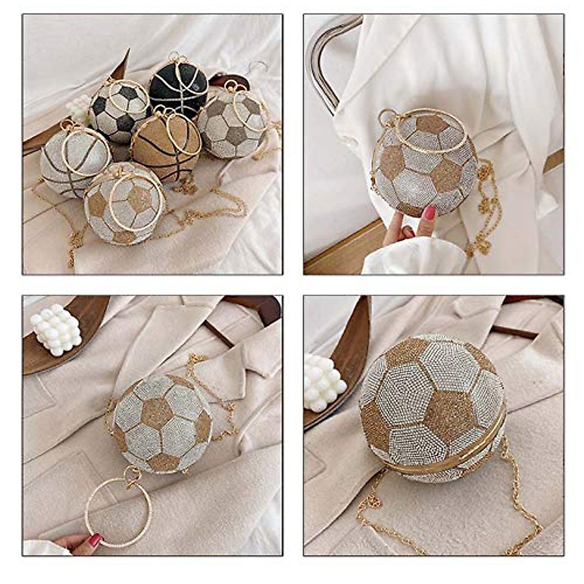 Women Rhinestones Handbag Basketball Shape Round Clutch Bag Gold Bling Diamond Clutch Purse for Evening Party Wedding (Silver basketball)