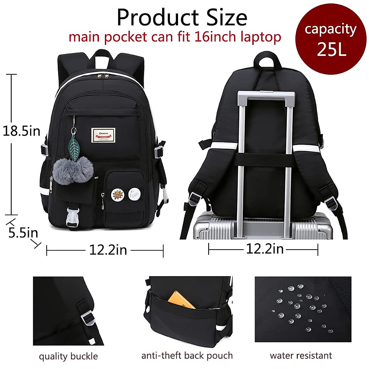 Lmeison Backpack for Girls Waterproof, Cute College Bookbag Black School Bag for Elementary School Middle School, 15.6in Laptop Backpack Anti Theft Travel Daypack for Women Teens Teenage Kids