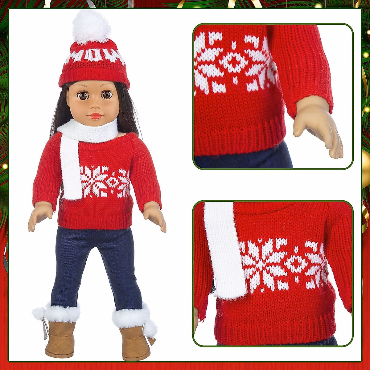 ZITA ELEMENT 2 Sets 18 Inch Girl Doll Christmas Clothes Outfits with Shoes and Christmas Accessories - 18 Inch Christmas Doll Clothes Dress Boots Hat Scarf Hairclips Bag