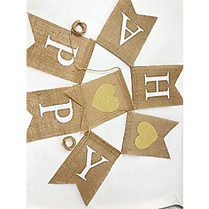 Shimmer Anna Shine Happy Anniversary Burlap Banner for Wedding Anniversary Decorations with Gold Glitter Hearts