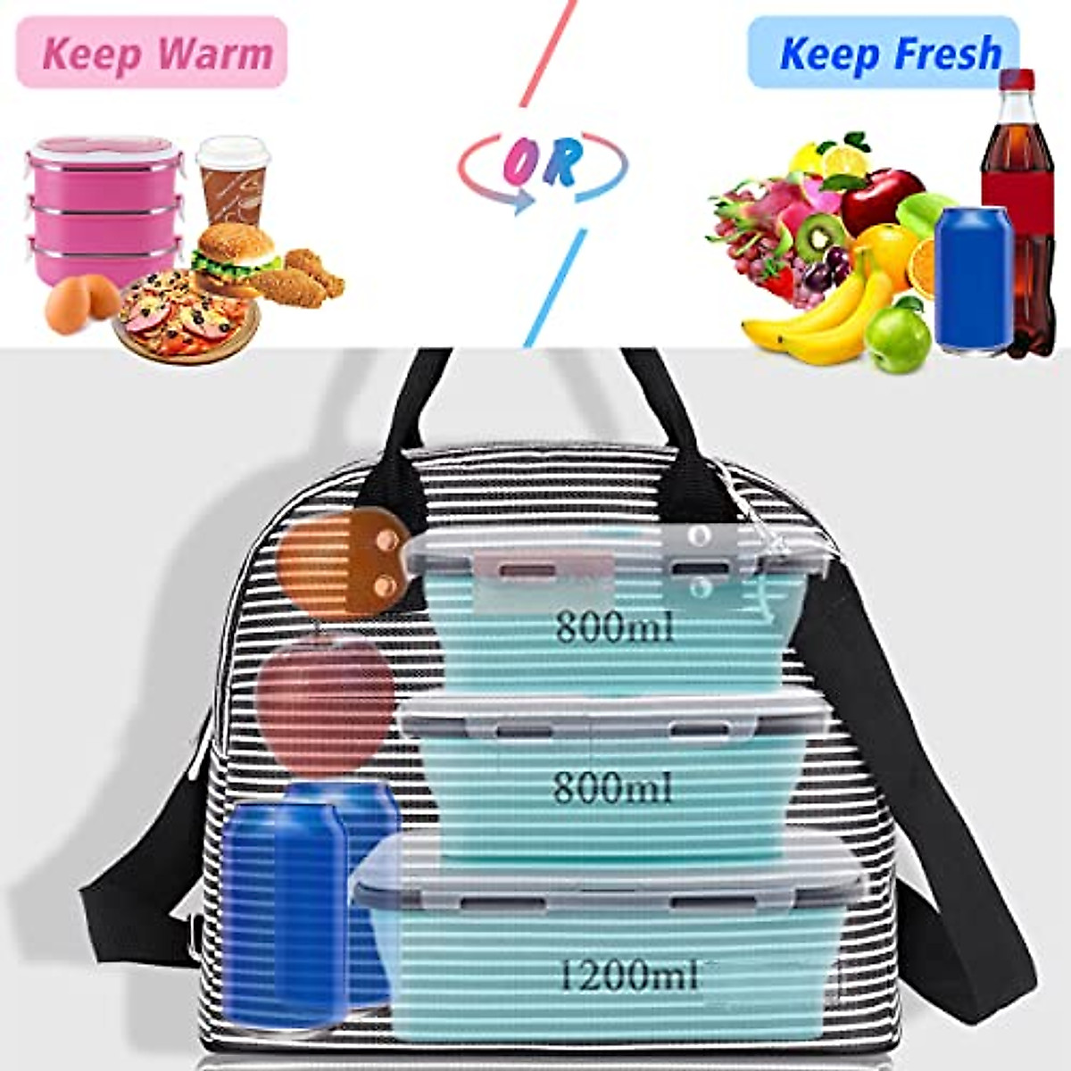 BALORAY Reusable Lunch Bag for Women Men Leakproof Multi-functional with Shoulder Strap Adult Lunch Box Thermal Cooler Bag Lunch Container for Women Men Work Picnic (Black White Strip)