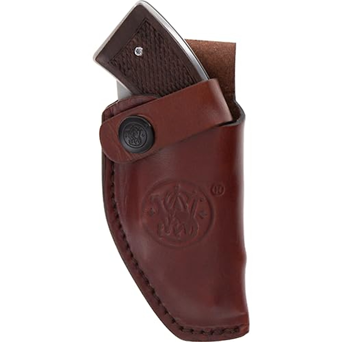 Smith & Wesson 7.5in Stainless Steel Model 325 Revolver Folding Knife with 3in Drop Point Blade, Rosewood Handle and Leather Holster for Outdoor, Tactical, Survival and EDC
