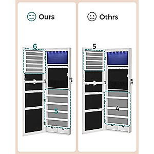 SONGMICS 6 LEDs Mirror Jewelry Cabinet, 42.5-Inch Tall Lockable Wall or Door Mounted Jewelry Armoire Organizer with Mirror, 2 Drawers, 3.7 x 14.6 x 42.5 Inches, White UJJC99WT
