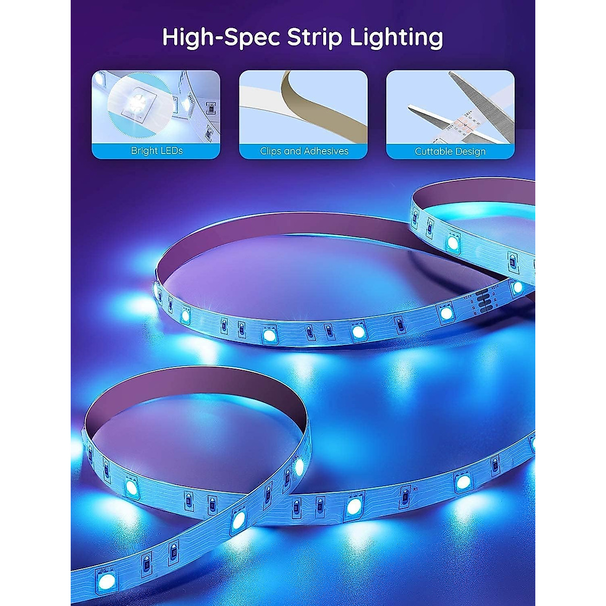 Govee RGB LED Strip Lights, 65.6ft Bluetooth LED Lights with App Control, 64 Scenes and Music Sync, LED Lights for Bedroom, Living Room, Kitchen, Party, Color Changing Light Strip 2 Rolls of 32.8ft