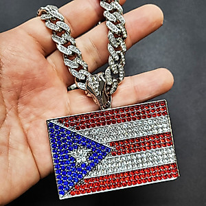 Hip Hop Jewelry Silver Plated Puerto Rico Flag Pendant 13mm 16" 18" 20" 24" Iced Cuban Chain Necklace (PENDANT & 24" CHAIN SET)