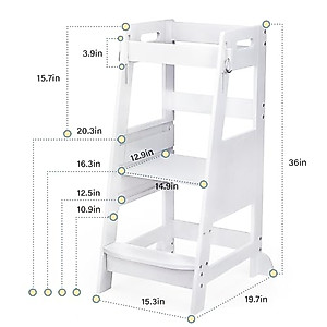TOETOL Bamboo Toddler Kitchen Step Stool White Helper Standing Tower Height Adjustable with Anti-Slip Protection for Kids Kitchen Counter Learning