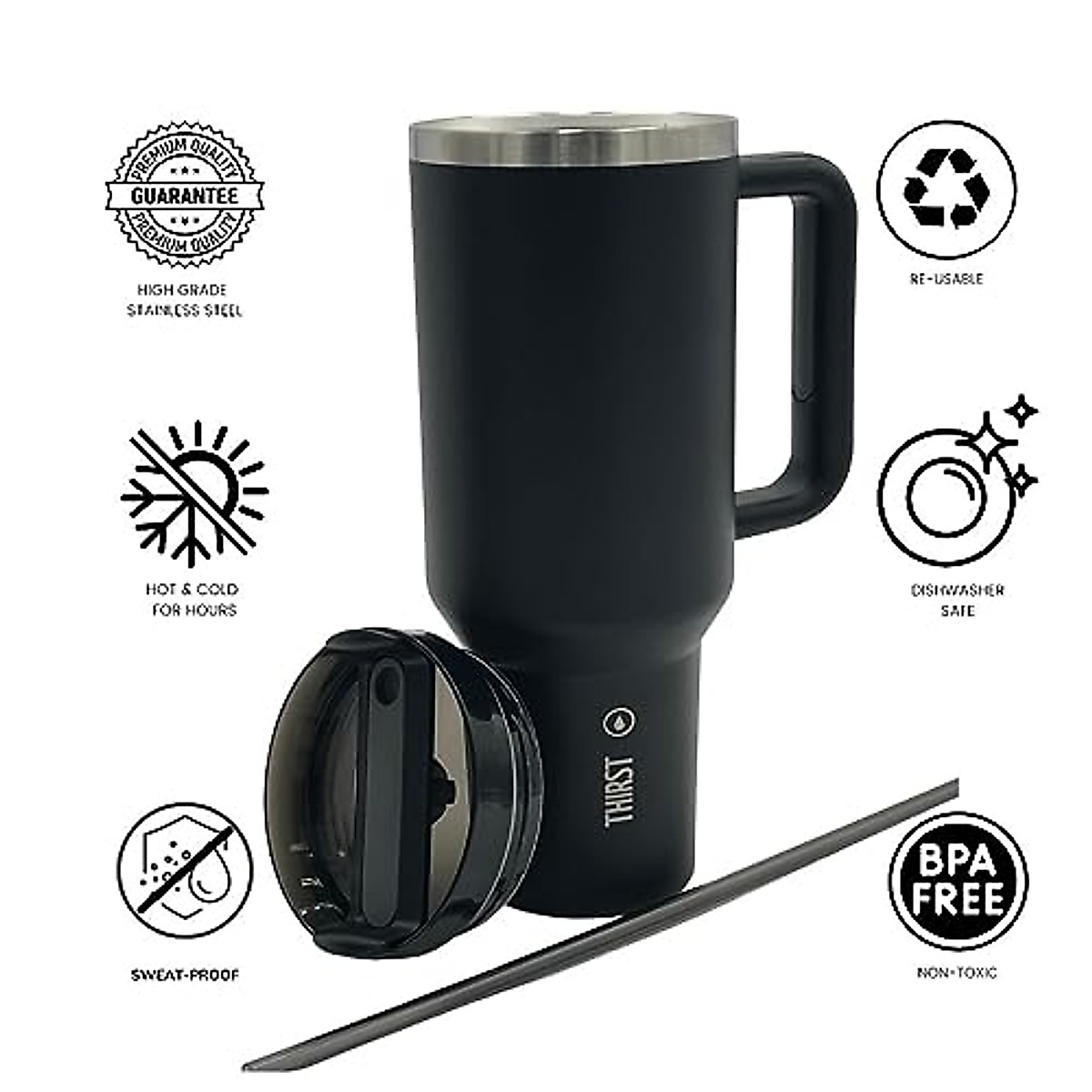 THIRST Quench H2.0 40 oz tumbler with handle and straw | Stainless Steel Tumbler | Insulated Tumbler | Double Wall Mug | Thermos | Cup | Water Bottle (New Generation Lid & Straw) (Black)
