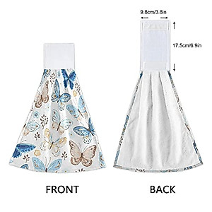 Bolaz Blue Butterfly Hanging Kitchen Towel Hand Towel 2 Pcs Absorbent Hanging Tie Towels for Bathroom Laundry Room Kitchen 12 x 17 Inches