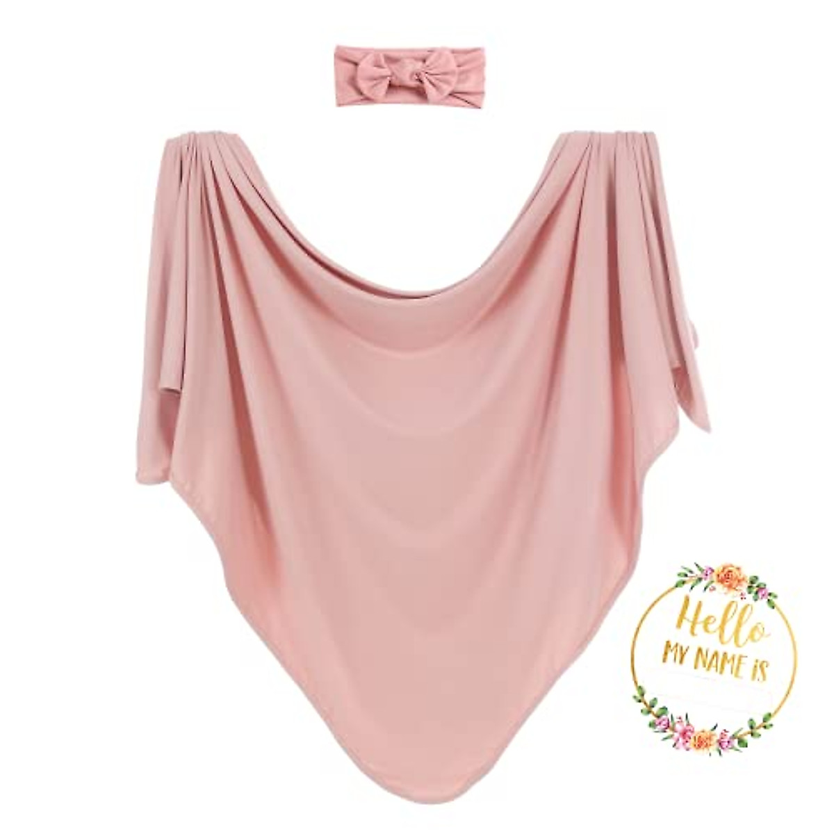 Baby Swaddle Blanket Set with Headband, Nursery Swaddling Receiving Wrap for Girls,13 Welcome Home Milestone Stickers Bundle with Bow, Newborn Photo Growth Mat, Infant Wrap 48"x48" Dusty Rose (Mauve)