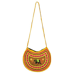 North Creed Crossbody Elephant Flora Embroidery Shoulder Bag, Indian Ethnic Travel Handbag with Zipper Pocket- Yellow