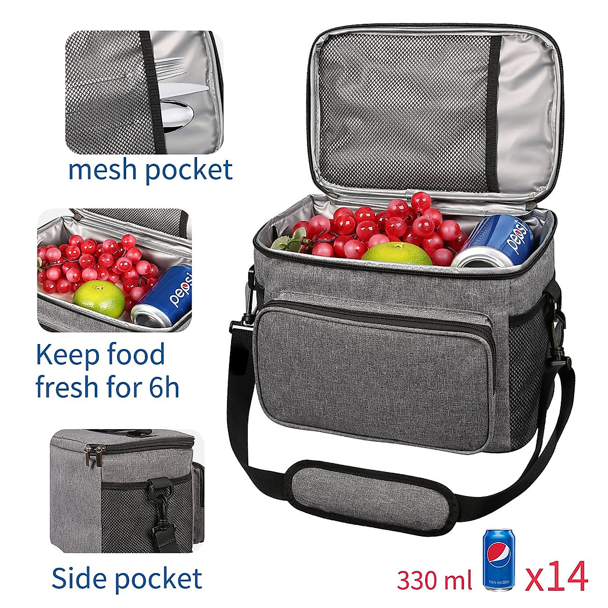 IKNOE Large Cooler Bag Collapsible 15 Can Insulated Bags, 10L Leakproof Lunch Cooler Tote with Multi-Pockets for Adult Insulated Lunch Box for Beach, Picnic, Work(Grey)