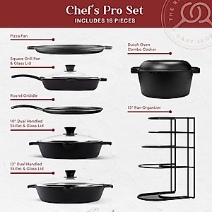 Cuisinel Cast Iron 18-Piece Preseasoned Cookware Set: 10"+12" Skillets w/Lids + 5-Qt Dutch Oven + 10.5" Square Grill Pan w/Lid + Pizza Pan + Round Griddle + 15" Organizer +Scraper + Silicone Handle