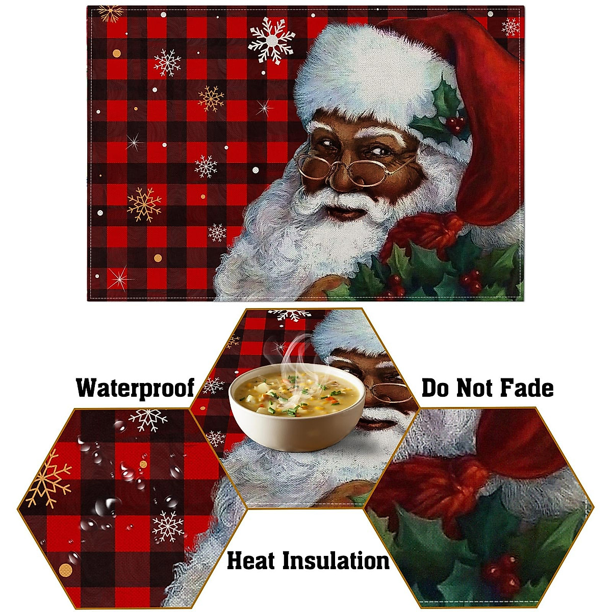Nepnuser Linen African American Christmas Placemats Set of 4 Buffalo Plaid Black Santa Claus Place Mats for Home Kitchen Dining Table Decoration