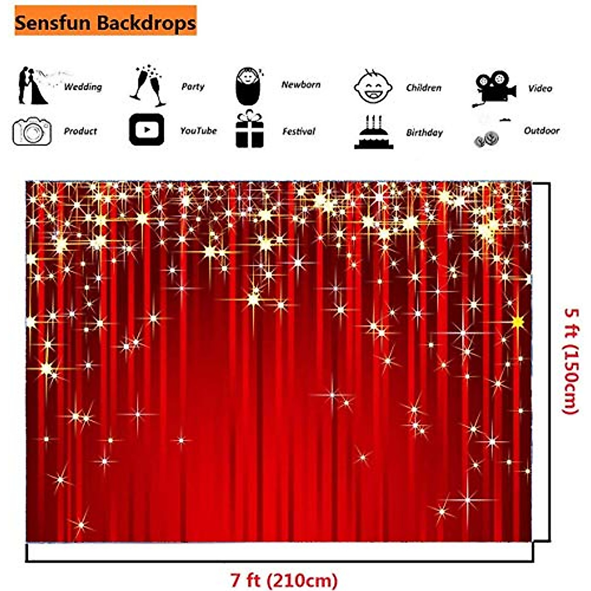 Sensfun 7x5ft Gold Starry Red Photography Backdrop Glitter Golden Star Stripes Background Red Christmas Backdrops for Wedding Birthday Xmas Party Banner Children Portrait Photo Studio Wall Decorations