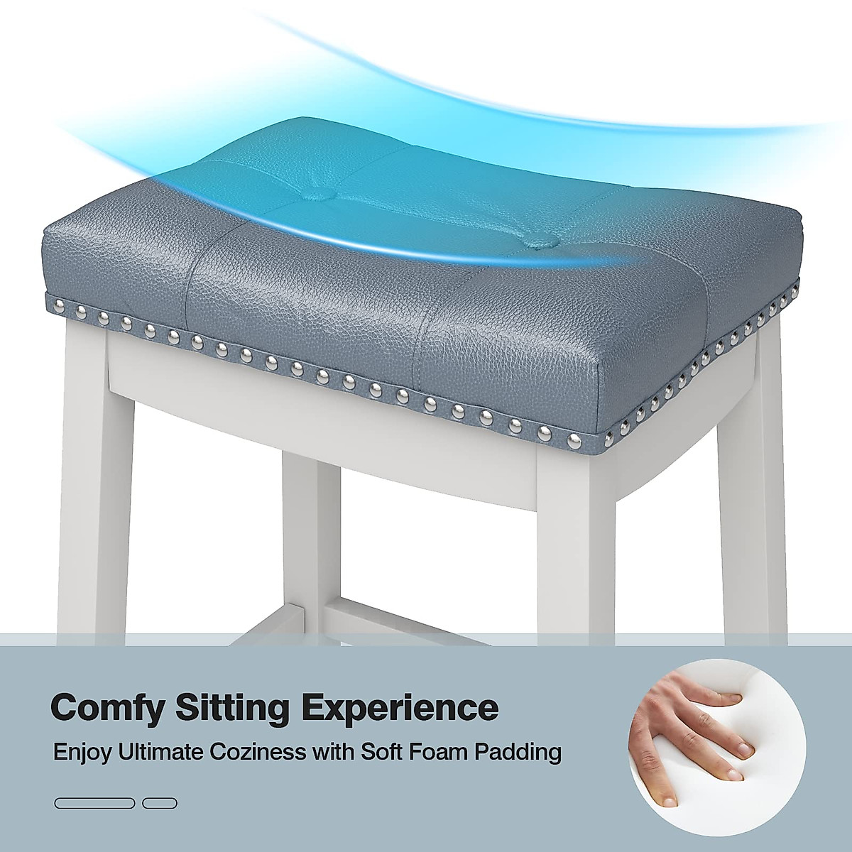 COSTWAY Bar Stools Set of 2, 24-Inch Height Backless Counter Stool with Footrest, Soft Seat Cushion, Wood Legs and Non-Slip Foot Pad, Saddle Stools for Home Kitchen Living Room, Stone Gray+White