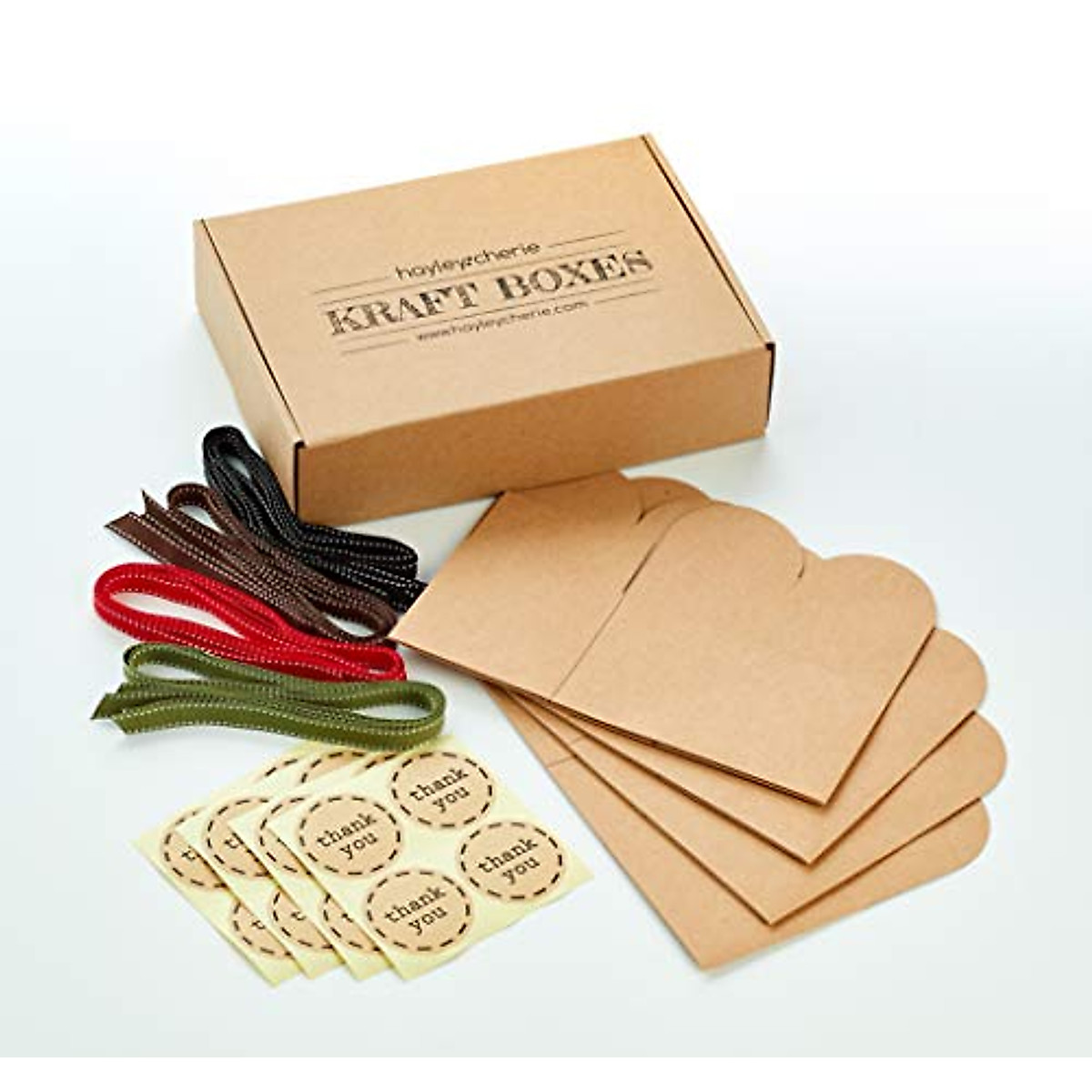 Hayley Cherie - Brown Kraft Gift Treat Boxes with Ribbons & Thank You Stickers (20 Pack) - 6.5 x 4 x 4 inches - Thick 400gsm Cardboard - For Goodies, Candy, Parties, Christmas, Birthdays, Weddings