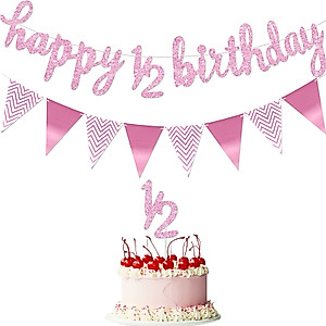 6 Months Banner Happy Birthday Banner Happy 1/2 Birthday Banner Glitter 1/2 Half Year Cake Topper Triangle Flag Banner for Half Year Baby Shower Birthday Party Decoration, Pre-strung (Pink)