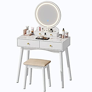 Furmax Vanity Desk Makeup Vanity Table with Lighted Mirror Vanity Set with Modern Desktop, Soft Cushioned Stool, 4 Storage Drawers, 3 Colors Mirror Brightness Adjustable (White)