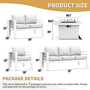 LayinSun Aluminum Furniture Set with Fire Pit Table, 5 Pieces Patio Sectional Conversation Chat Sofa Modern Seating Set