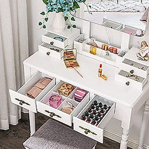 BEWISHOME Vanity Desk with Mirror and Lights, Makeup Vanity with Lights, Vanity Table with 8 LED Bulbs & 3 Colors Lighting, White Vanity Set with 7 Drawers & Stool, Dressing Table Makeup Desk FST13W
