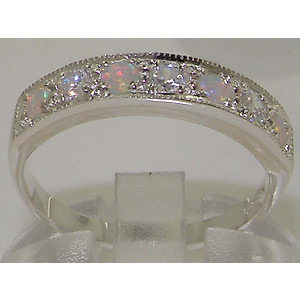 LetsBuyGold 14k White Gold Natural Diamond and Opal Womens Band Ring (0.18 cttw, H-I Color, I2-I3 Clarity)