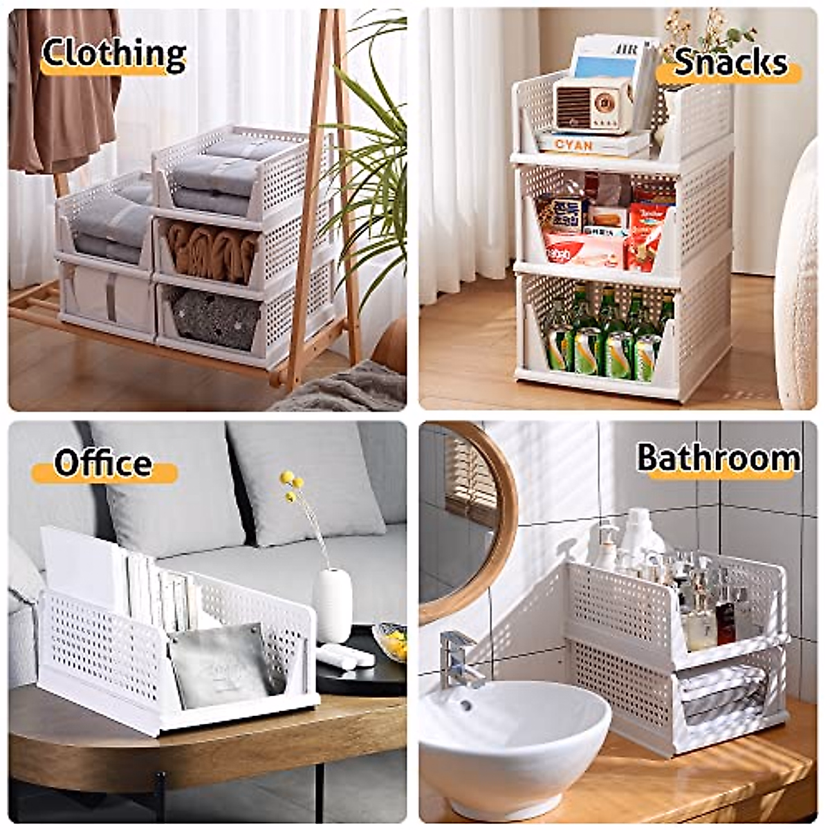 WDPUCHU Stackable Plastic Storage Basket-Foldable Closet Organizers and Storage Bins - Drawer Shelf Storage Container for Wardrobe Cupboard Kitchen Bathroom Office (White Small-4 Pack)
