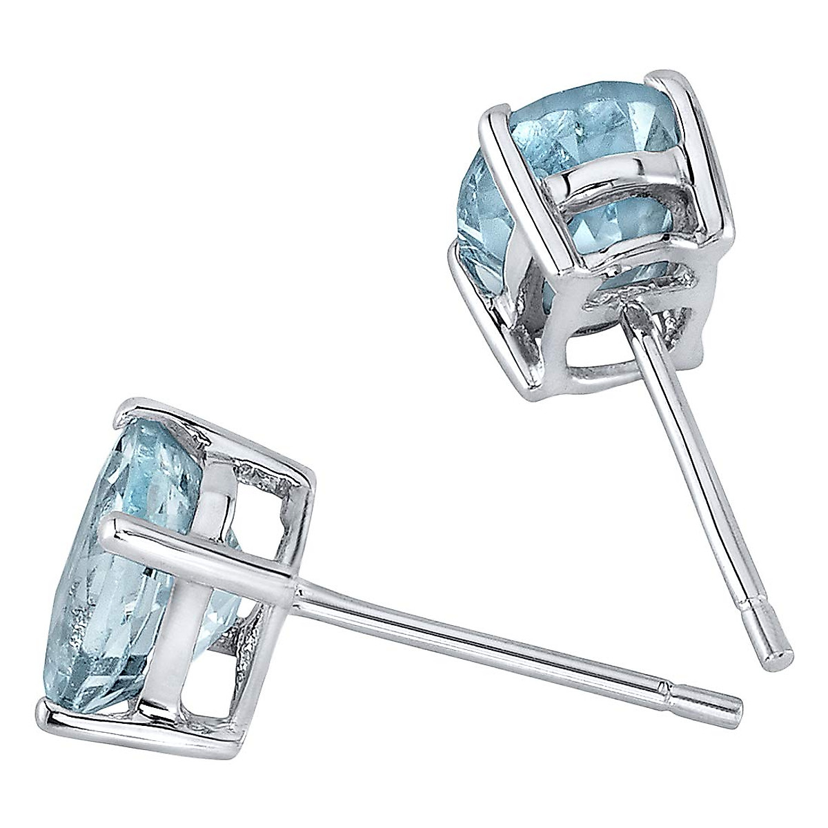 Peora 14K White Gold Aquamarine Earrings for Women, Genuine Gemstone Birthstone Classic Solitaire Studs, 7x5mm Oval Shape, 1.25 Carats total, Friction Back