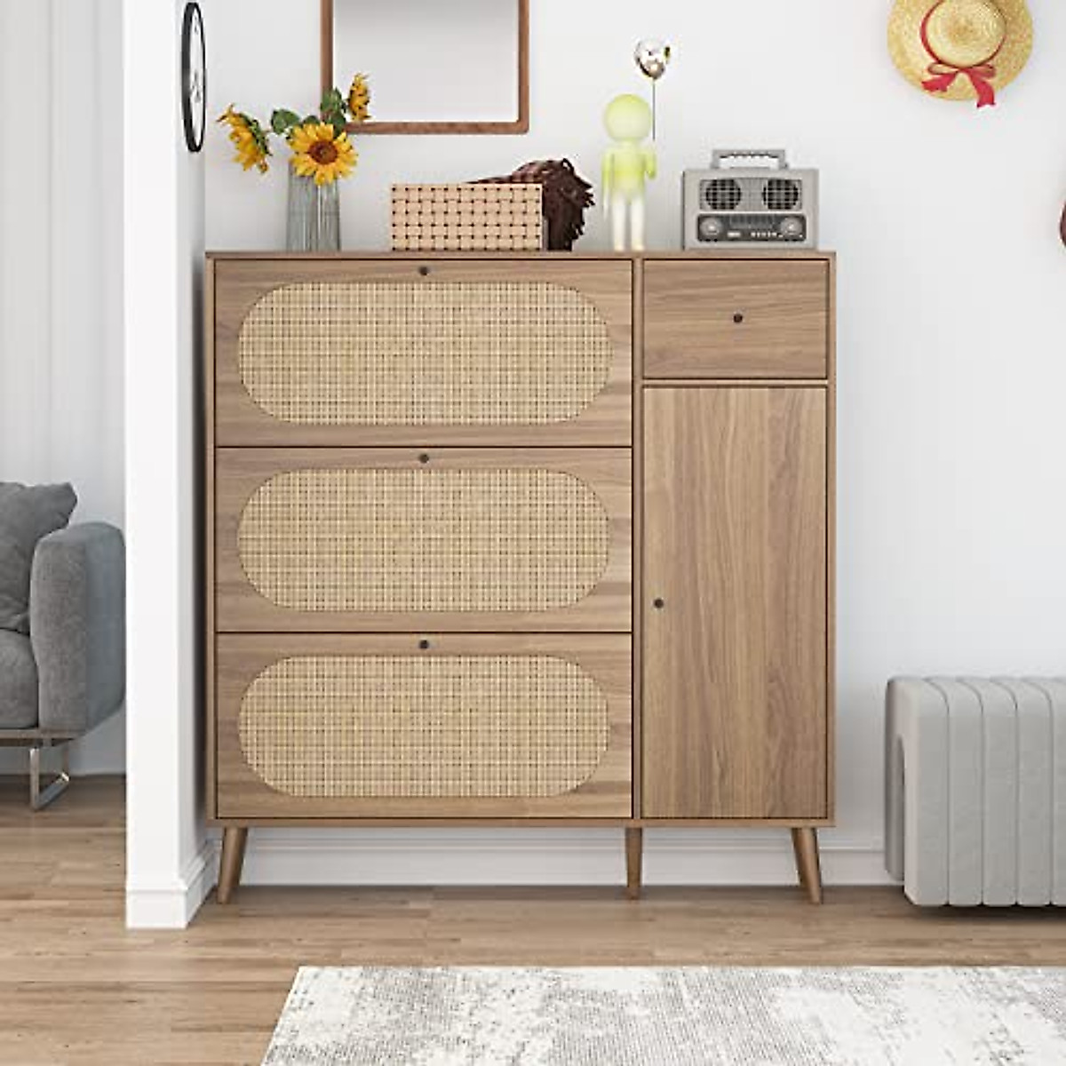 Rattan Shoe Cabinet with 3 Flip Drawers and Side Cabinet, Freestanding Shoe Racks Storage Cabinet with Steady Solid Legs, Entrance Hallway Shoe Organizers Storage Cabinet for Heels,Slippers (Walnut)