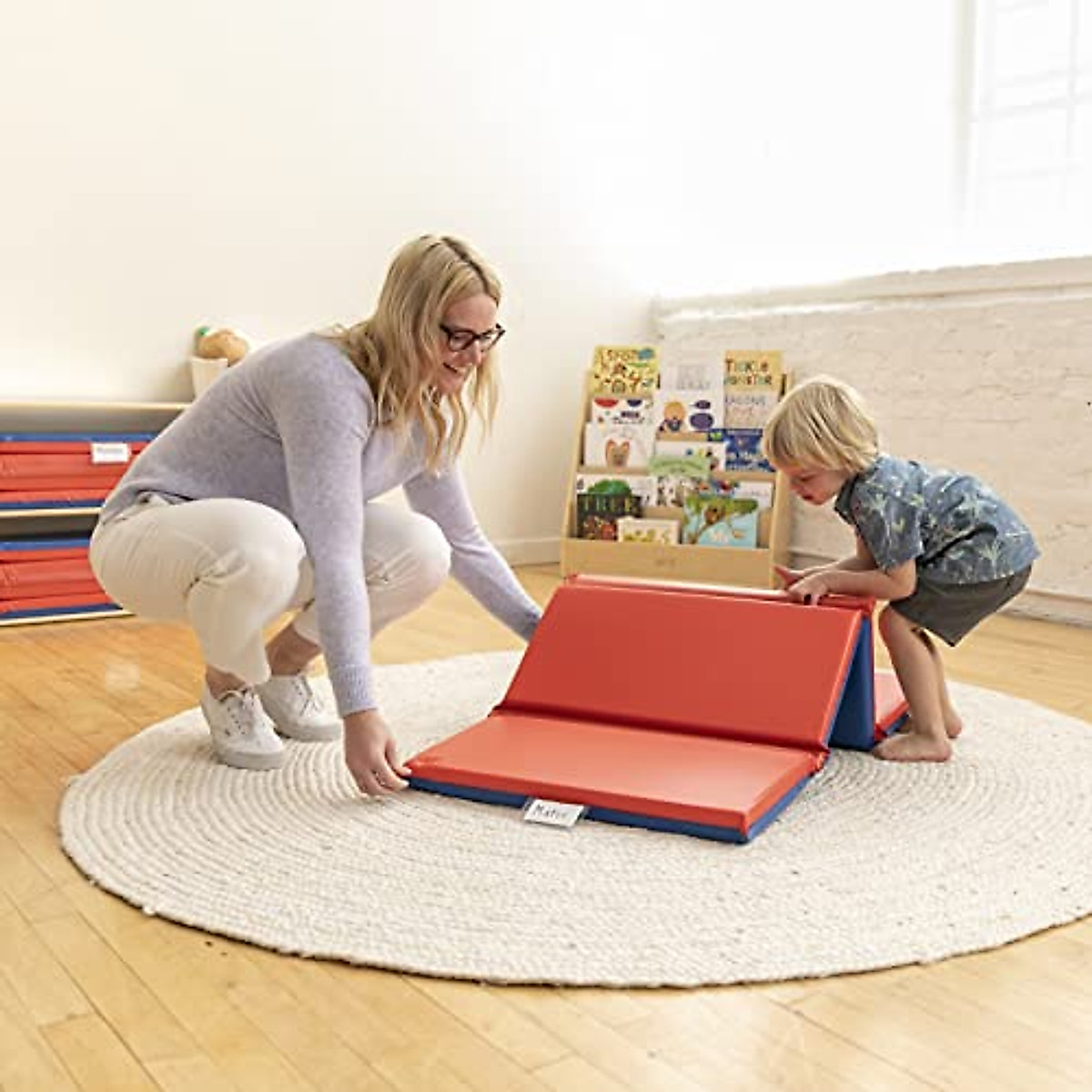 ECR4Kids Premium Folding Rest Mat, 4-Section, 2in, Sleeping Pad, Blue/Red, 5-Pack