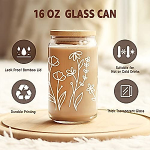 Coolife Floral Iced Coffee Cup - 16oz Can Shaped Drinking Glass Cup w/Bamboo Lid Straw - Aesthetic Cups, Glass Coffee Tumbler, Flower Glass Cups for Beer Smoothie - Birthday Aesthetic Gifts for Women