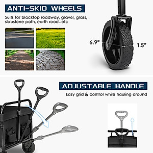 Kamopot Collapsible Wagon Cart,Folding Wagon for Grocery,Foldable Beach Wagon.Utility Shopping Cart on Wheels.220lb Heavy Duty w/Cupholders & DIY Wheels (Black)