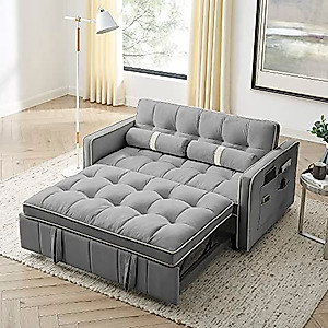 HomSof Modern 55.5" Pull Out Sleep Bed 2 Seater Loveseats Sofa Couch with Side Pockets Adjsutable Backrest and Lumbar Pillows for Apartment Office Living Room, Style E, Grey